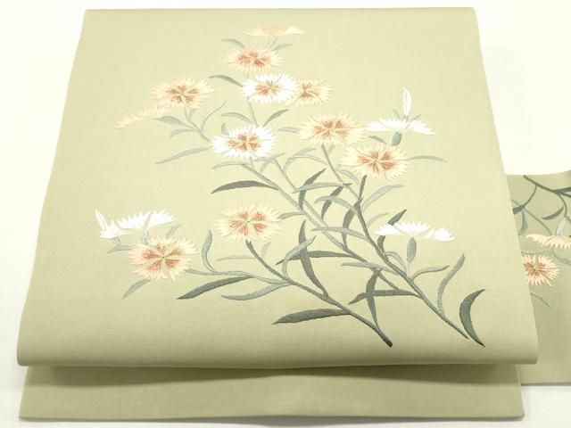 平和屋着物○塩瀬 九寸名古屋帯 総刺繍 草花文 抹茶色 金糸 正絹 逸品