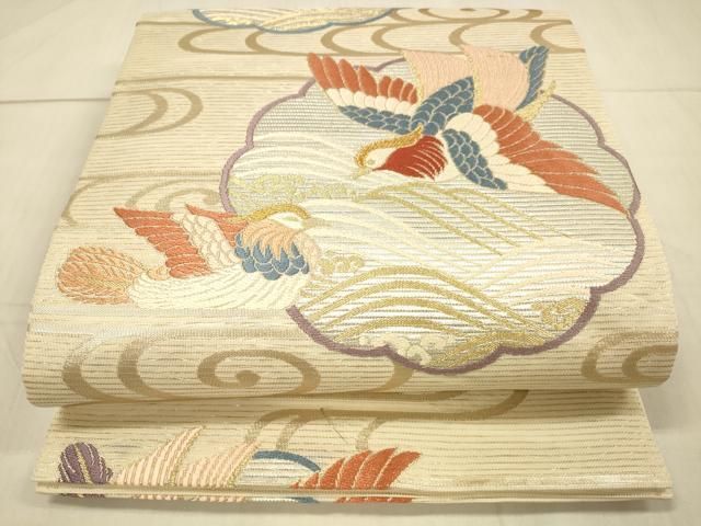 平和屋着物○六通柄袋帯 唐織 流水鴛鴦草花文 金銀糸 正絹