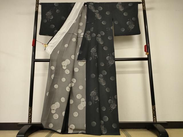 平和屋着物＊夏物 小紋 絽 絞り 水玉 黒地 正絹 逸品 CAAV9578ze