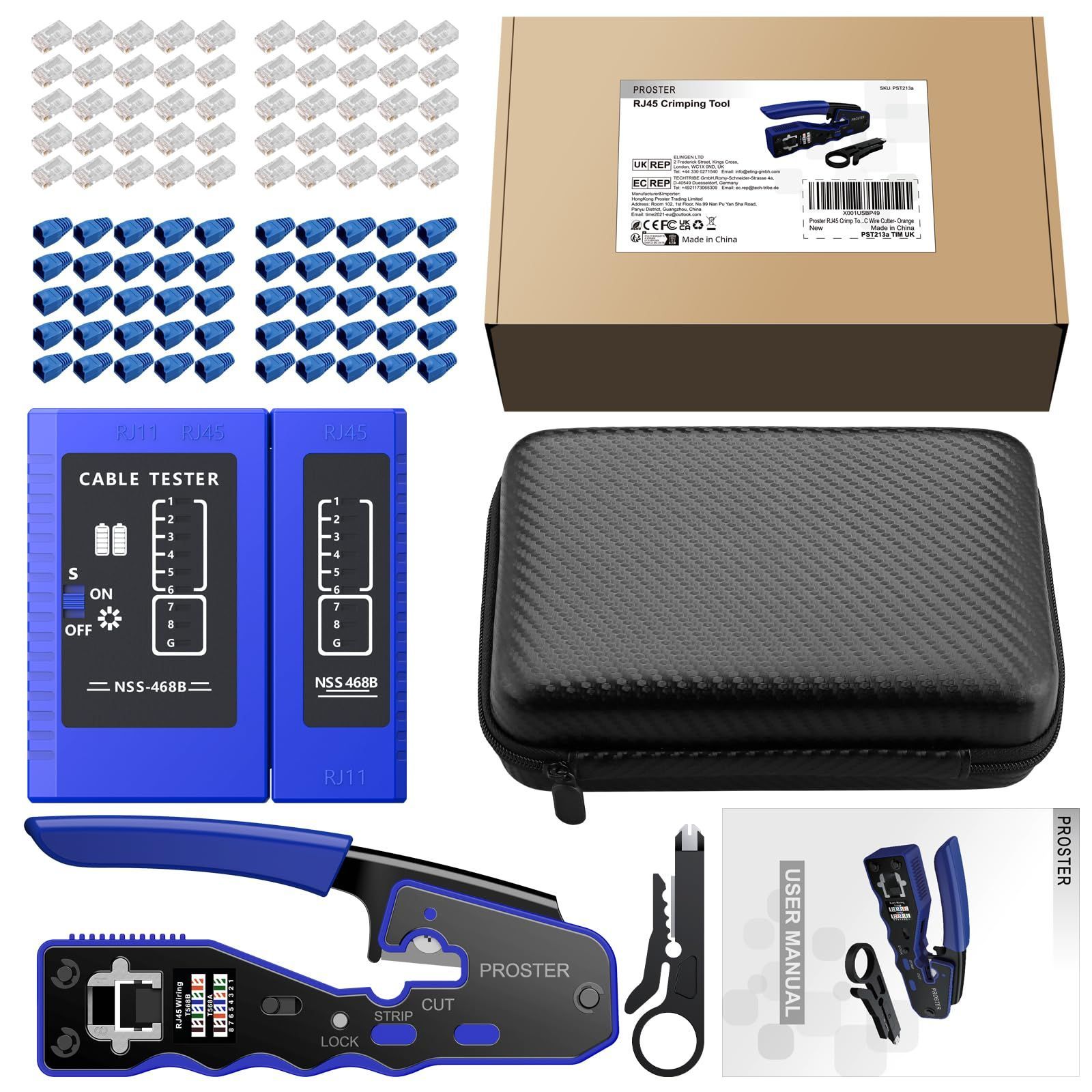 Proster RJ45 圧着工具 CAT6A CAT6 CAT5E対応 LANテスター 貫通型 カシメ工具 圧着ペンチ 圧着中切断RJ45 ...