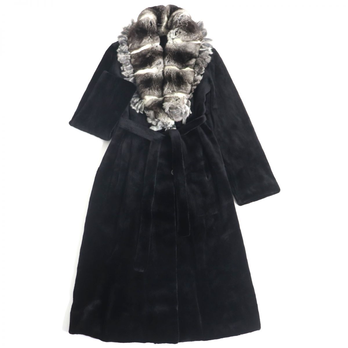 極美品 ROYAL SAGA MINK ロイヤルサガ CHINCHILLA×MINK チンチラ×シェアードミンク 本毛皮超ロングコート ダーク ...