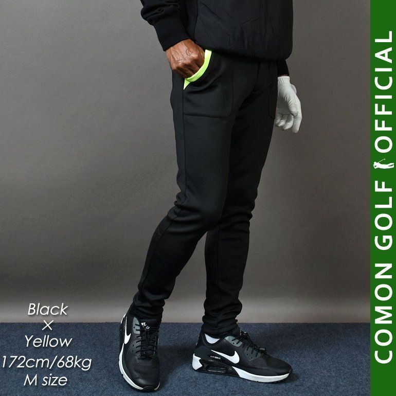 新品【COMONGOLF/コモンゴルフ】裏フリースボンディングポケットラインストレッチテーパードゴルフパンツ/ブラック×イエロー(CG-22026)ゴルフウェア メンズ パンツ 冬 ロング ...