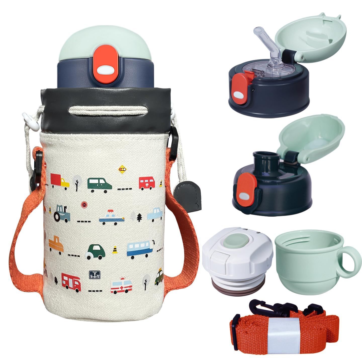 【人気商品】子供用 水筒 保冷保温 CINNOR 真空断熱 3WAYストローボトル 直飲み＆コップ付き マグボトル 魔法瓶 520ml ポーチ付き (520ml自動車) - メルカリ