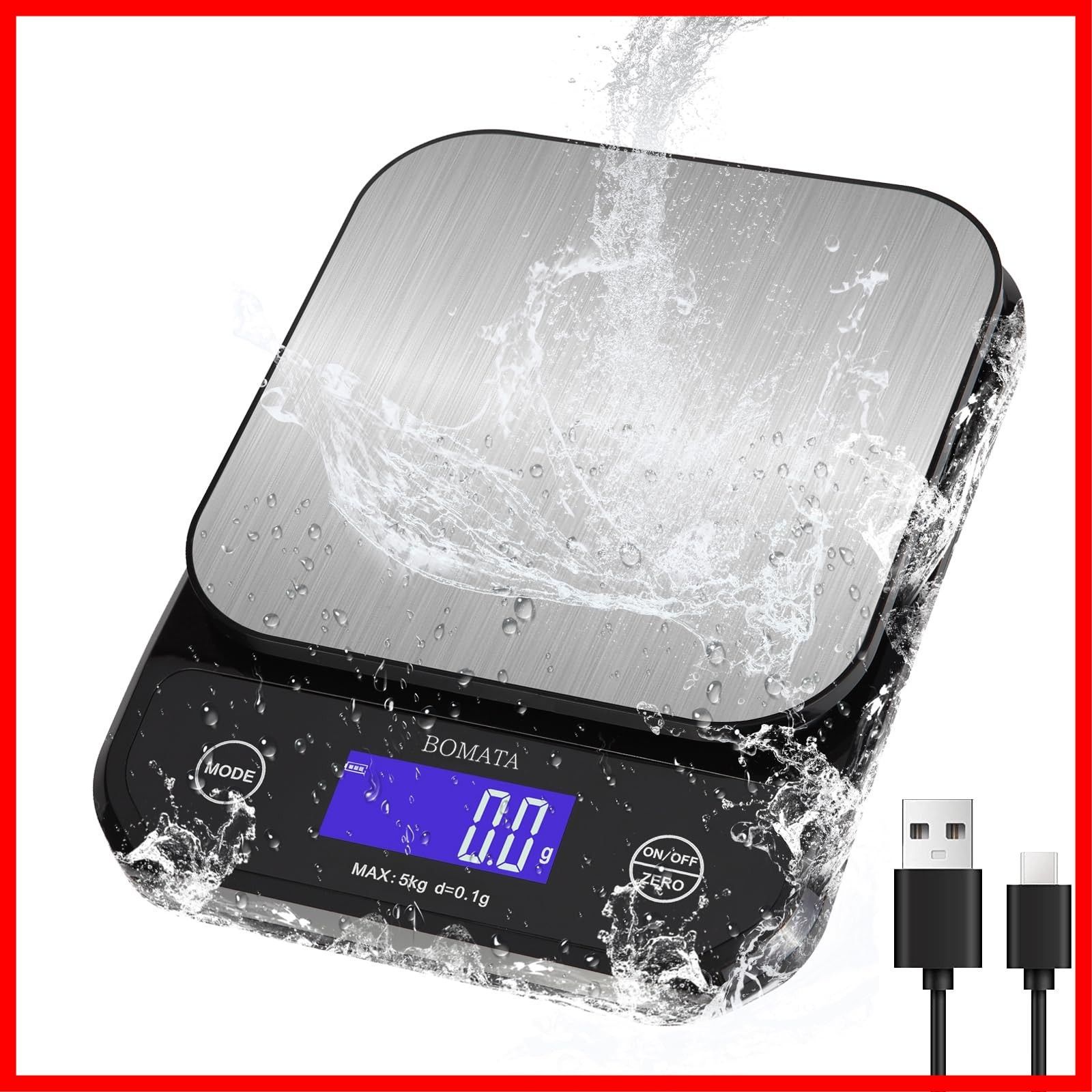 BOMATA (ボマタ) キッチン はかり 防水IP65 洗える 0.1g 5kg TYPE-C充電&乾電池 二式給電 全視角LCD タッチ ...