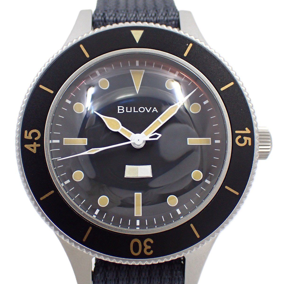 【美品】BULOVA ブローバ アーカイブシリーズ ミルシップ 自動巻き メンズ 腕時計 黒文字盤 純正ナイロンベルト 98A266【いおき ...