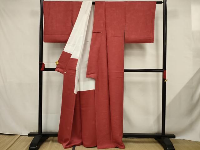 平和屋着物□上質な色無地 人物風景地紋 臙脂色 さが美扱い 正絹 逸品