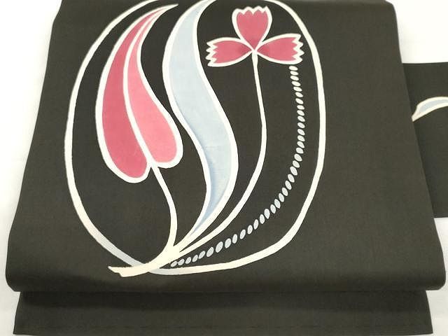 平和屋着物○塩瀬 九寸名古屋帯 型染め 枝花文 黒地 金彩 正絹 逸品