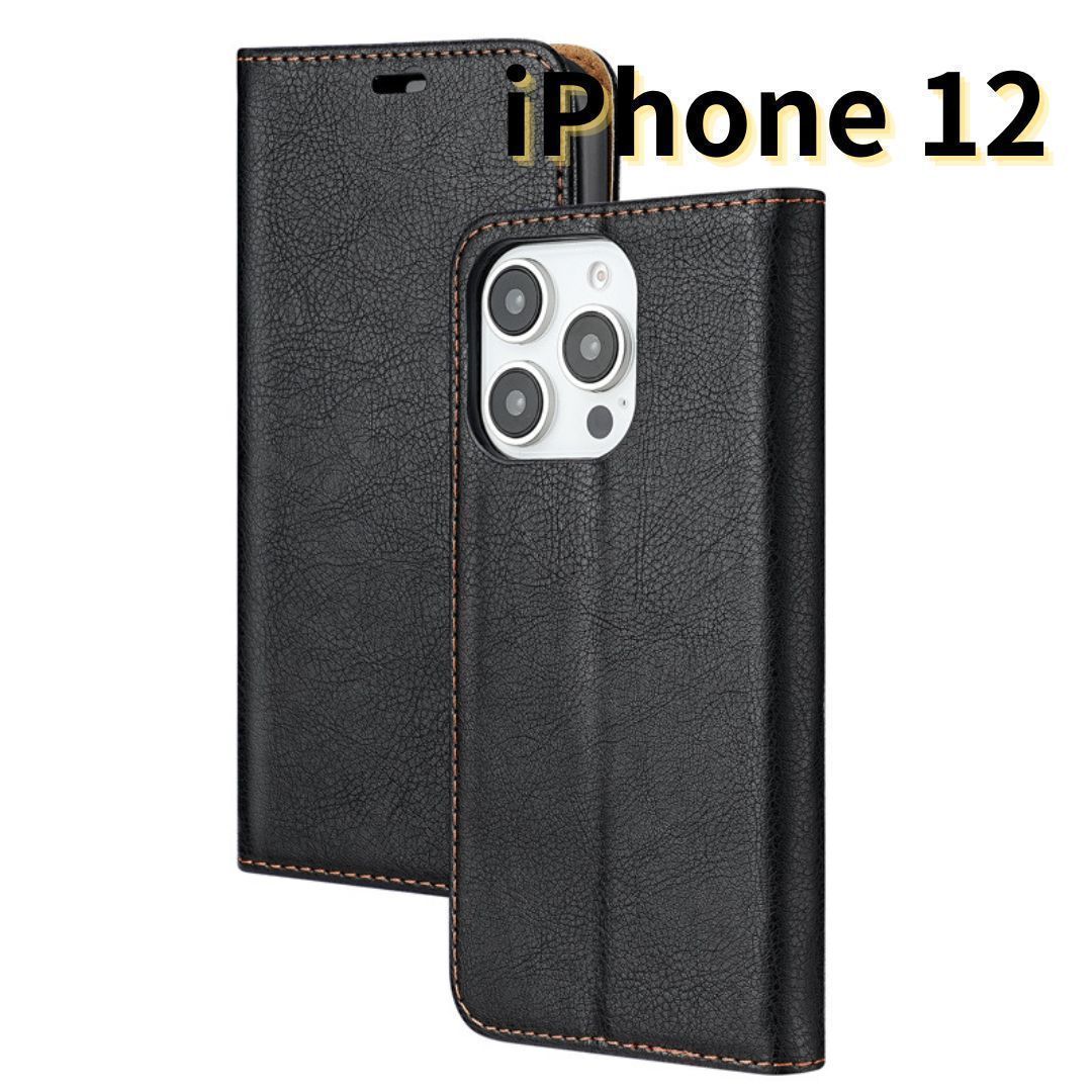 【SHOPS T】 iPhone12 レザー風 スマホケース 手帳型 耐衝撃 マグネット式 カードケース 黒 E046 - メルカリ