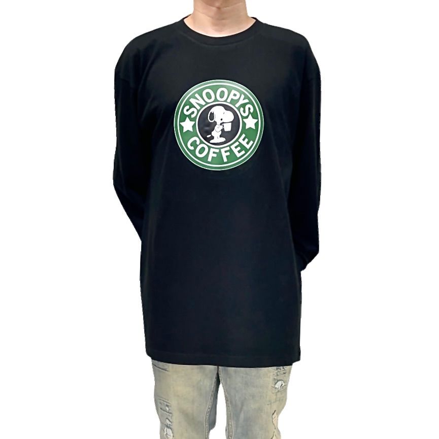 オリジナル ビッグ ロンT 長袖Tシャツ SNOOPY スヌーピー コーヒー カフェ スタバロゴ Peanuts ピーナッツ コミック アメコミ パロディ 黒 ブラック 2XL(3L) 3XL ...