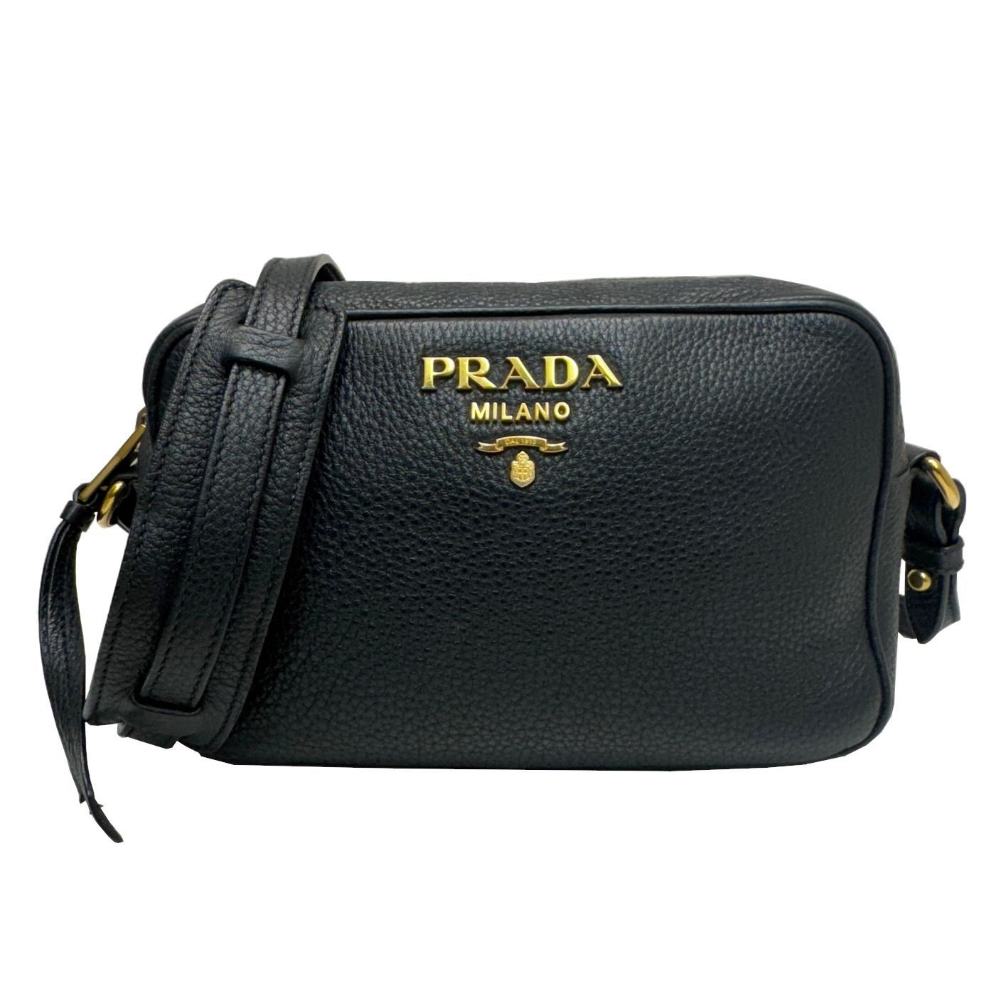 【中古】プラダ PRADA ミニショルダー ショルダーバッグ 斜め掛けショルダー カメラバッグ ミニバッグ レザー ブラック 黒 Black 1N1674 ヴィッテロダイノ ゴールド金具 ロゴ ...