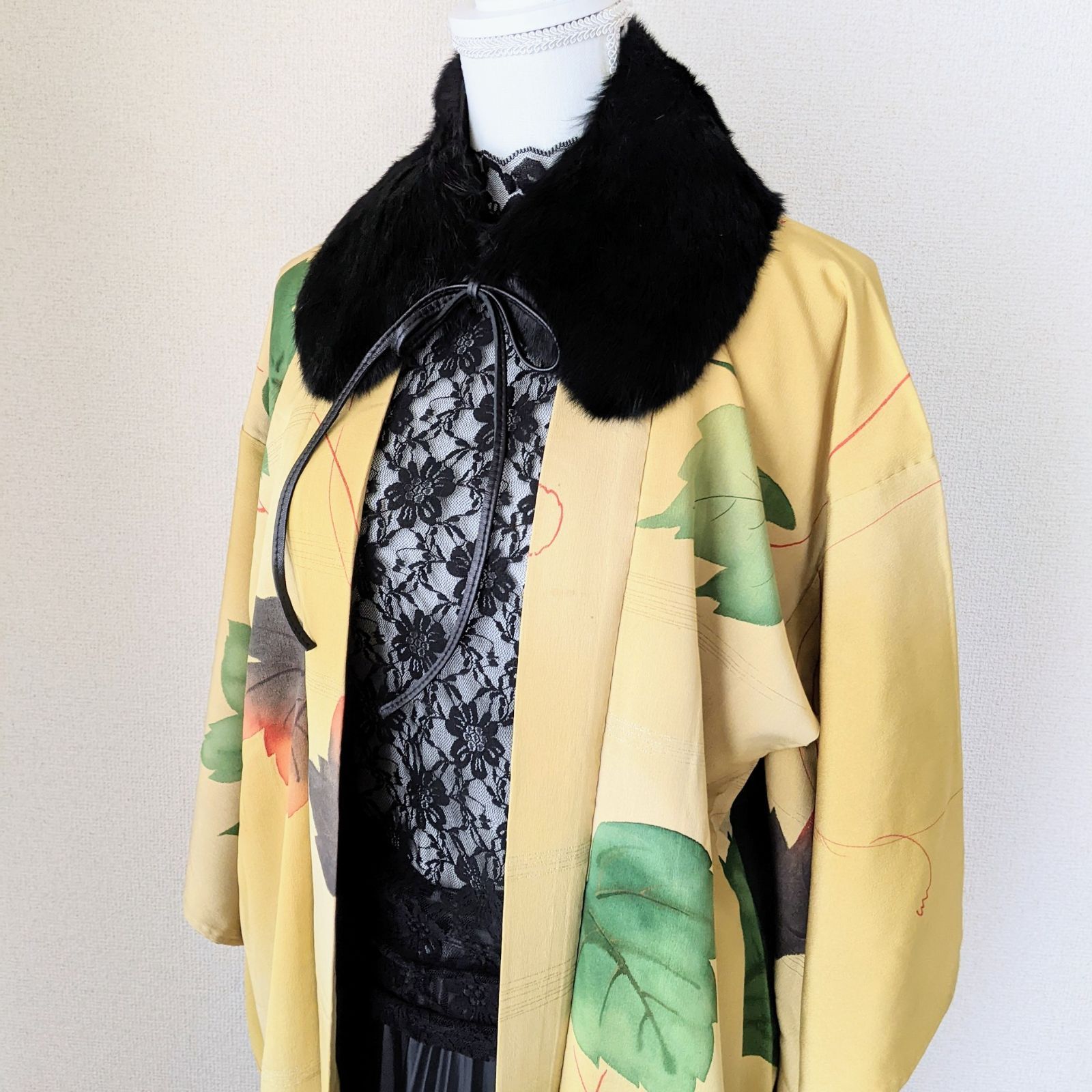 Japanese Vintage Haori Gown Silk Yellow Momiji Maple Jacket Kimono ...