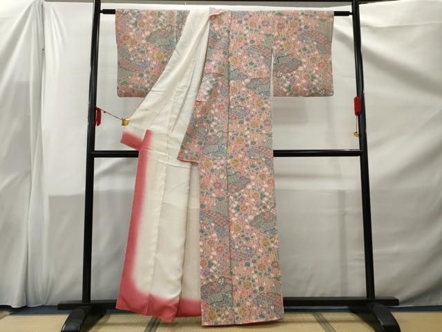 平和屋着物▽上質な紬 単衣 横段霞文 正絹 逸品 DAAS0037az