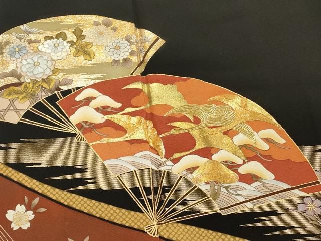 平和屋着物□豪華黒留袖 友禅 作家物 駒刺繍 扇面宝尽くし飛鶴