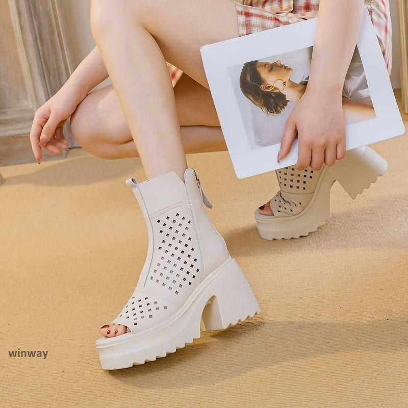 ブーツ 夏 レディース 厚底 本革 サマーブーツ ブーツサンダル 前あき