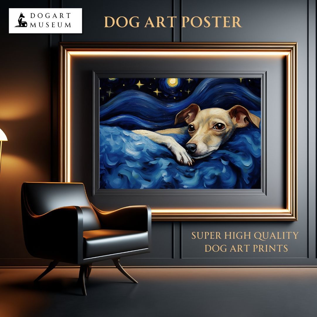 The starry night - Italian Greyhound Puppy Dog 03（星降る夜 - イタリアングレーハウンド犬の子犬）アートポスター 犬の絵 犬の絵画 犬の ...