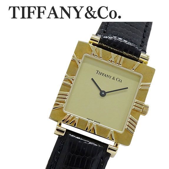 ティファニー TIFFANY&Co. 時計 レディース アトラス クオーツ QZ 18K レザー L3630 スクエア ゴールド ブラック ...