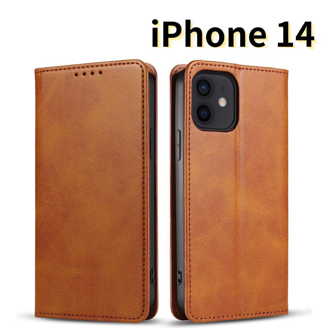 【SHOPS T】 iPhone14 レザー風 スマホケース 手帳型 ライト ブラウン 茶色 耐衝撃 マグネット式 カードケース - メルカリ