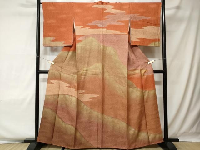 平和屋着物▽上質な色無地 単衣 霞地紋 退紅色 正絹 逸品