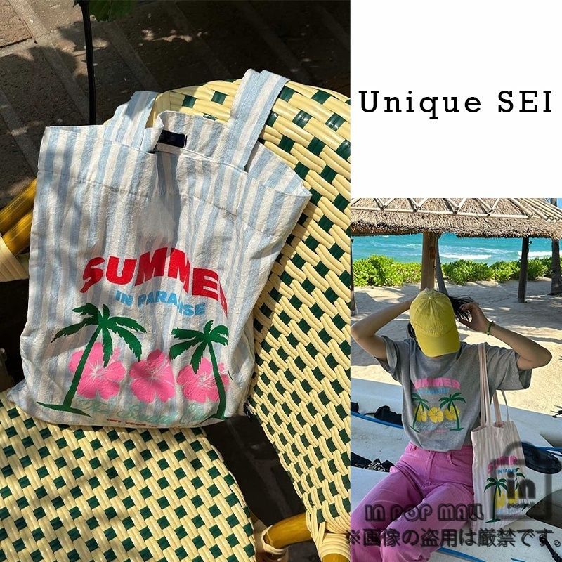 Unique SEI ユニークセイ トートバッグ サマー おしゃれ 大容量 軽量 エコバッグ ビーチ 旅行 夏向け トレンド ブルー ピンク ...