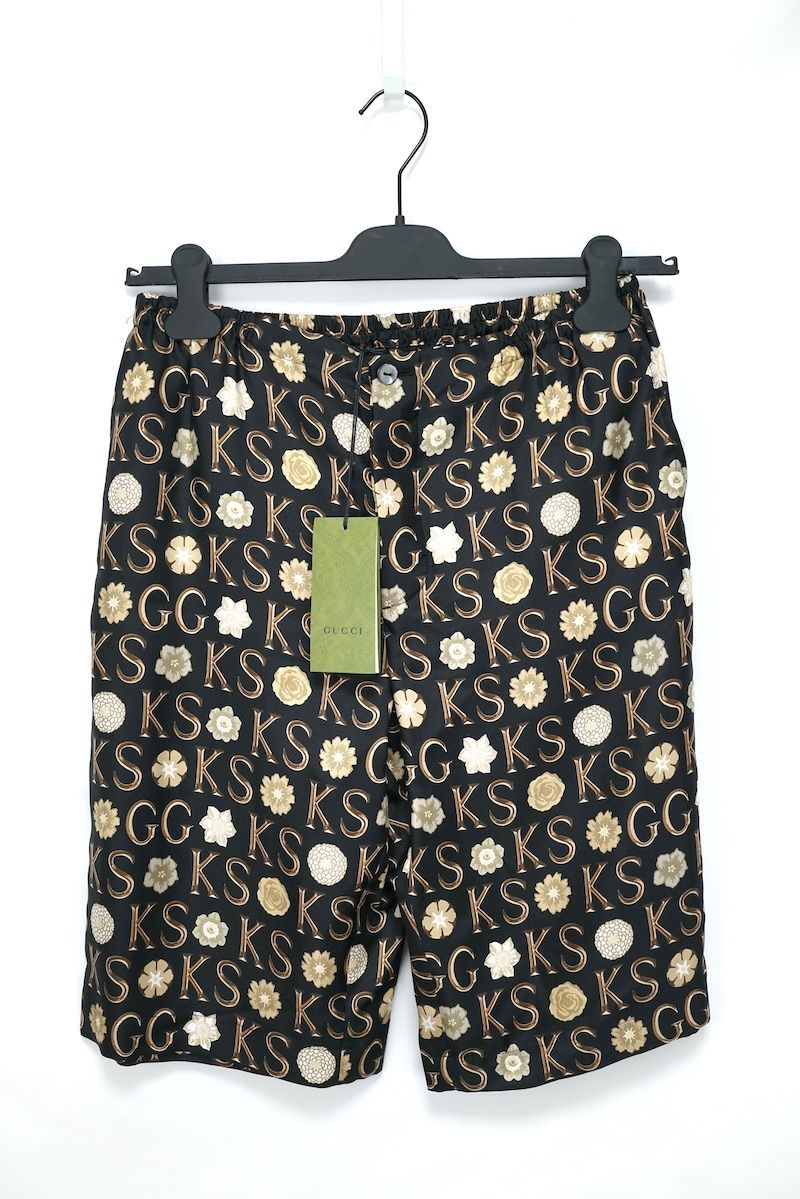 21SS GUCCI Ken Scott グッチ ケンスコット イニシャルフローラル 総柄デザイン ショートパンツ ハーフパンツ ブラック マルチカラー シルク100% 46サイズ ...