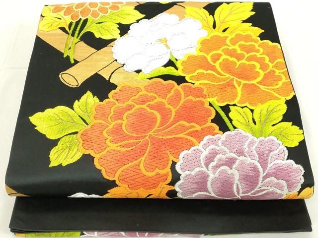 平和屋着物◎西陣 六通柄袋帯 唐織 竹垣花文 黒地 金銀糸 正絹 逸品