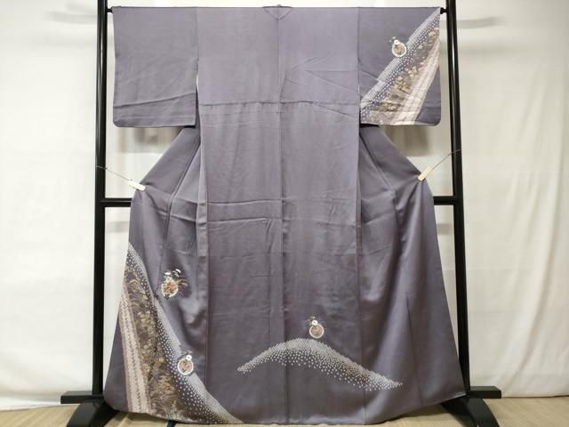 平和屋着物▽訪問着 単衣 紬地 絞り 丸文 松葉色 正絹 逸品 DAAV5566az