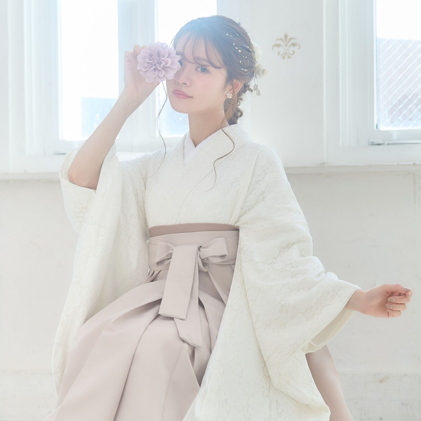 袴 セット 卒業式 女性 4点セット「二尺袖：黒 雪輪取りに八重菊＋