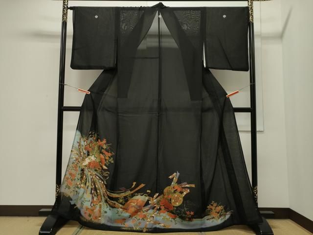 平和屋着物＊夏物 小紋 絽 扇面花文 黒地 洗える着物 AAAY5754st