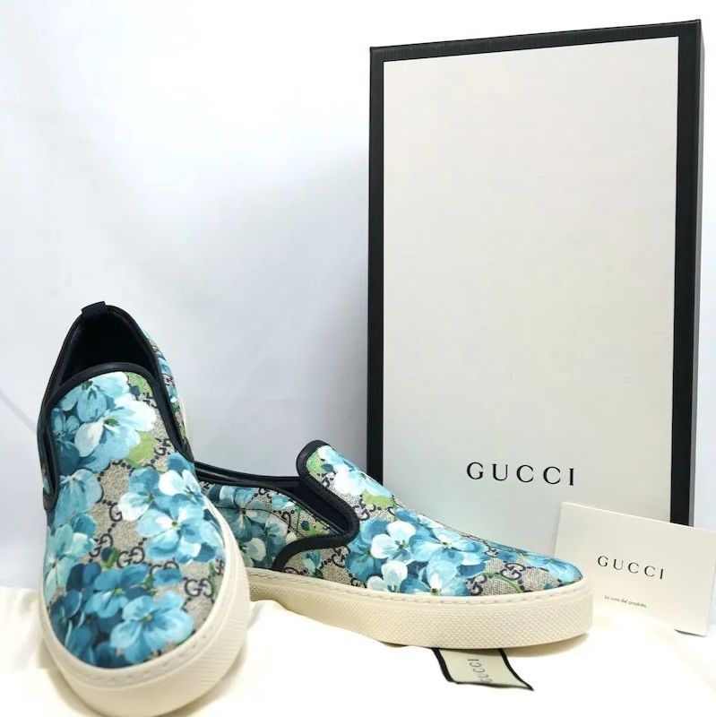 GUCCI グッチ GG Supreme Canvas Bloom Print Blue Flower Slip-On Sneakers ...