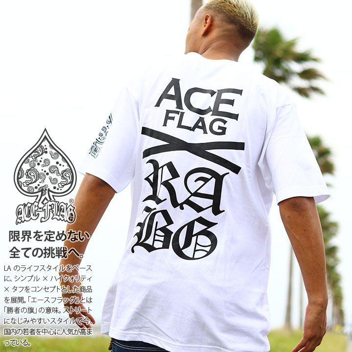 ACEFLAG Tシャツ 半袖 メンズ レディース 春夏用 白 黒 大きいサイズ ビッグシルエット エースフラッグ おしゃれ 袖ロゴ 国旗 スペード 英字 ペイズリー柄 b系 ヒップホップ ...