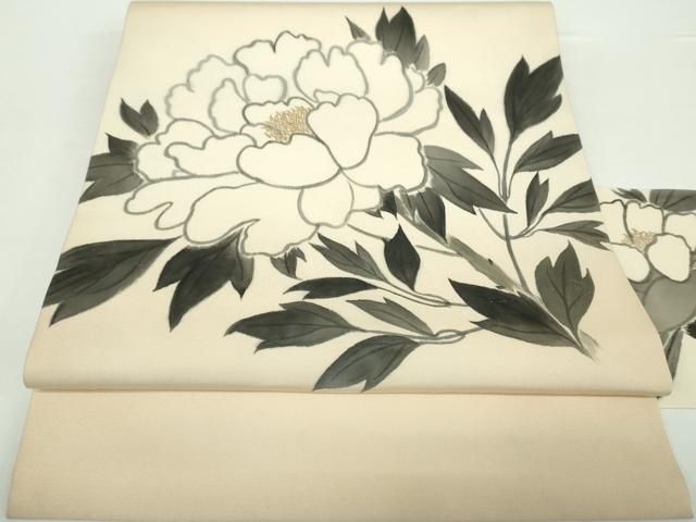 平和屋着物○塩瀬 九寸名古屋帯 作家物 手描き 牡丹文 正絹 逸品