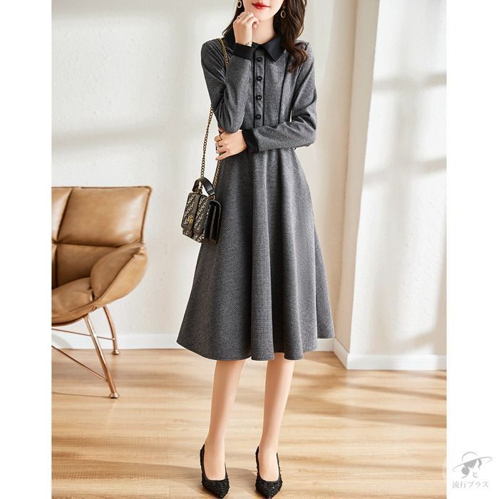 ワンピース レディース きれいめ 長袖 上品 春 秋 冬 膝丈ワンピース
