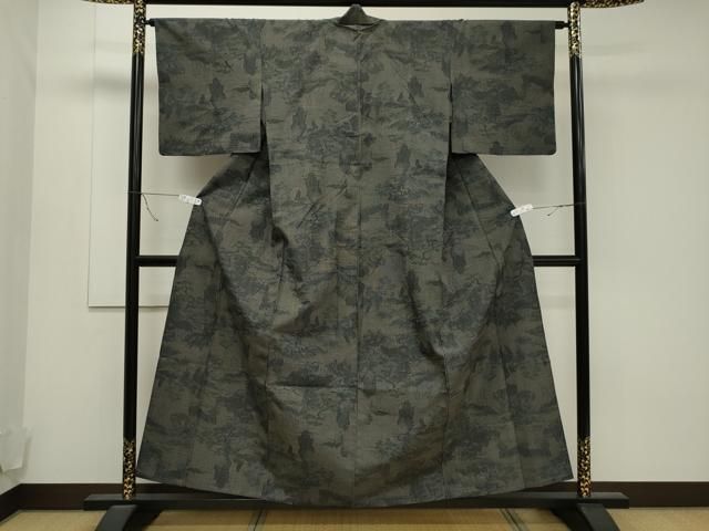 平和屋着物▽上質な紬 単衣 風景文 正絹 逸品 CAAT9519dy
