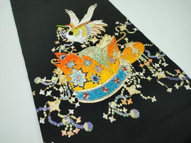 平和屋本店□最高級 龍村平蔵製 太鼓柄 本袋帯 千代の冠錦 黒地 金糸