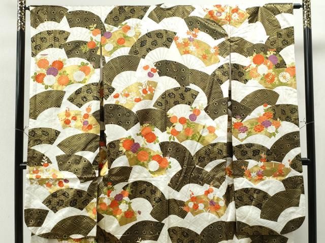 平和屋着物●豪華振袖　駒刺繍　扇面吉祥草花文　金彩　正絹　逸品　CAAS7558yc 平和屋着物○豪華振袖 駒刺繍 扇面吉祥草花文 金彩 正絹 逸品