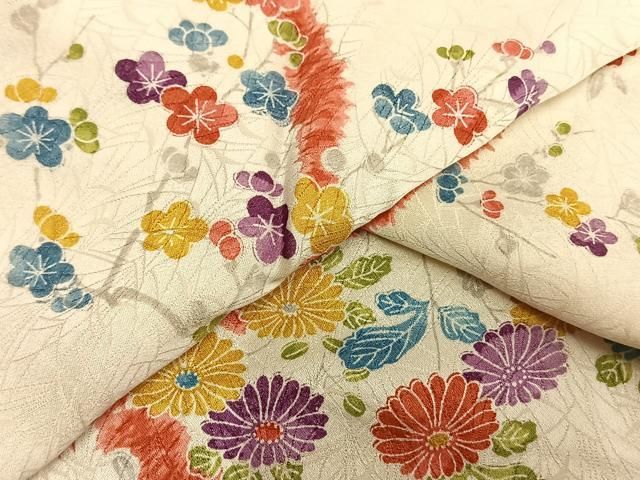 平和屋着物▽上質な小紋 単衣 草花文 正絹 逸品 AAAZ1599fy