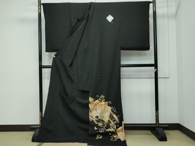 平和屋本店□極上 創業460年・千總 黒留袖 仮絵羽 駒刺繍 色紙重ね花鳥