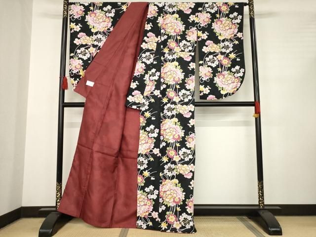 平和屋着物○小振袖 二尺袖 花毬文 黒地 金彩 洗える着物 AABC8087ck