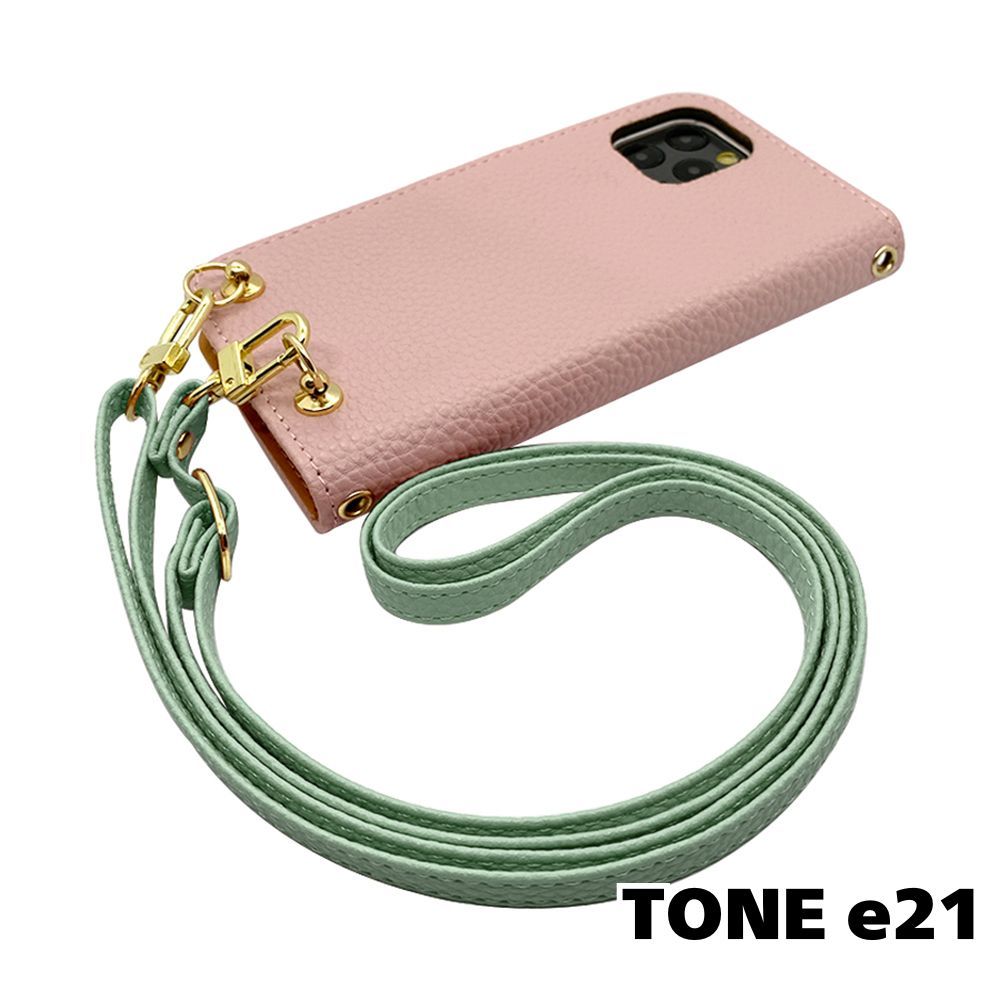 【新品未使用】TONE e21 トーンe21 ストラップ付 手帳型スマホ ケース ショルダー (カバー色サクラ、ストラップ色アイスグリーン) カード収納 くすみカラー zflip49 ...