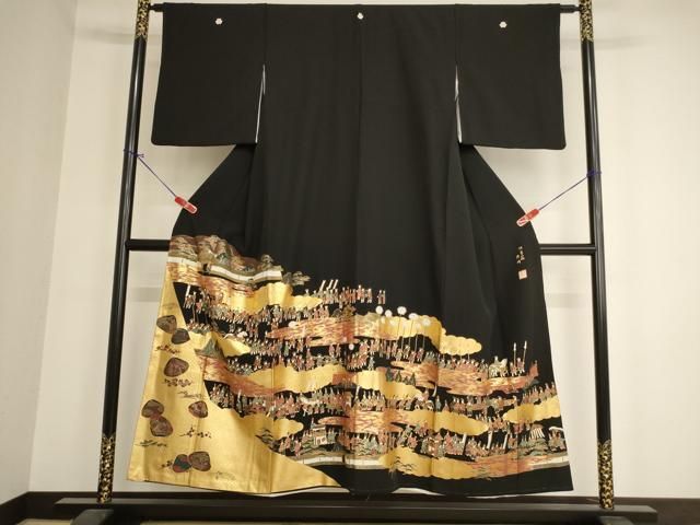 平和屋着物□豪華黒留袖 作家物 駒刺繍 人物風景文 純金箔