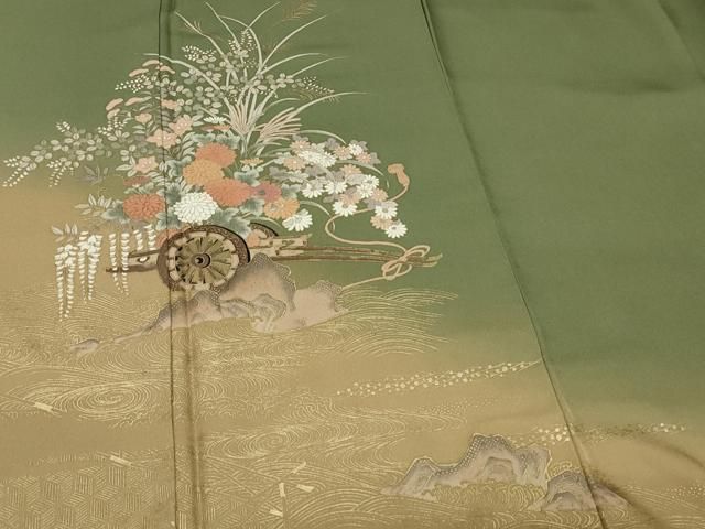 平和屋着物□訪問着 流水花車文 暈し染め 金彩 正絹 逸品 未