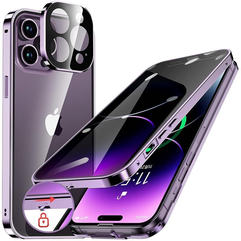 HGUTREY【覗き見防止・自動ポップアップボタン】 iPhone14 Pro Max 用 ケース ロック付き ストラップホール付き 一体型レンズ保護 両面9H強化ガラス iPhone14プロ ...