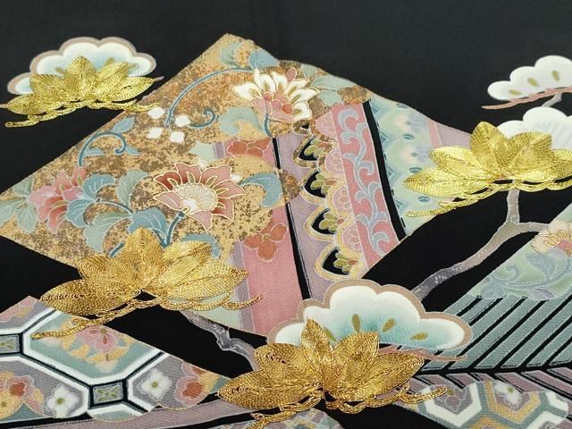 平和屋着物●豪華黒留袖　作家物　駒刺繍　百寿文様　金彩　正絹　逸品　CAAY2959vf 平和屋着物○豪華黒留袖 作家物 駒刺繍 百寿文様 金彩 正絹 逸品