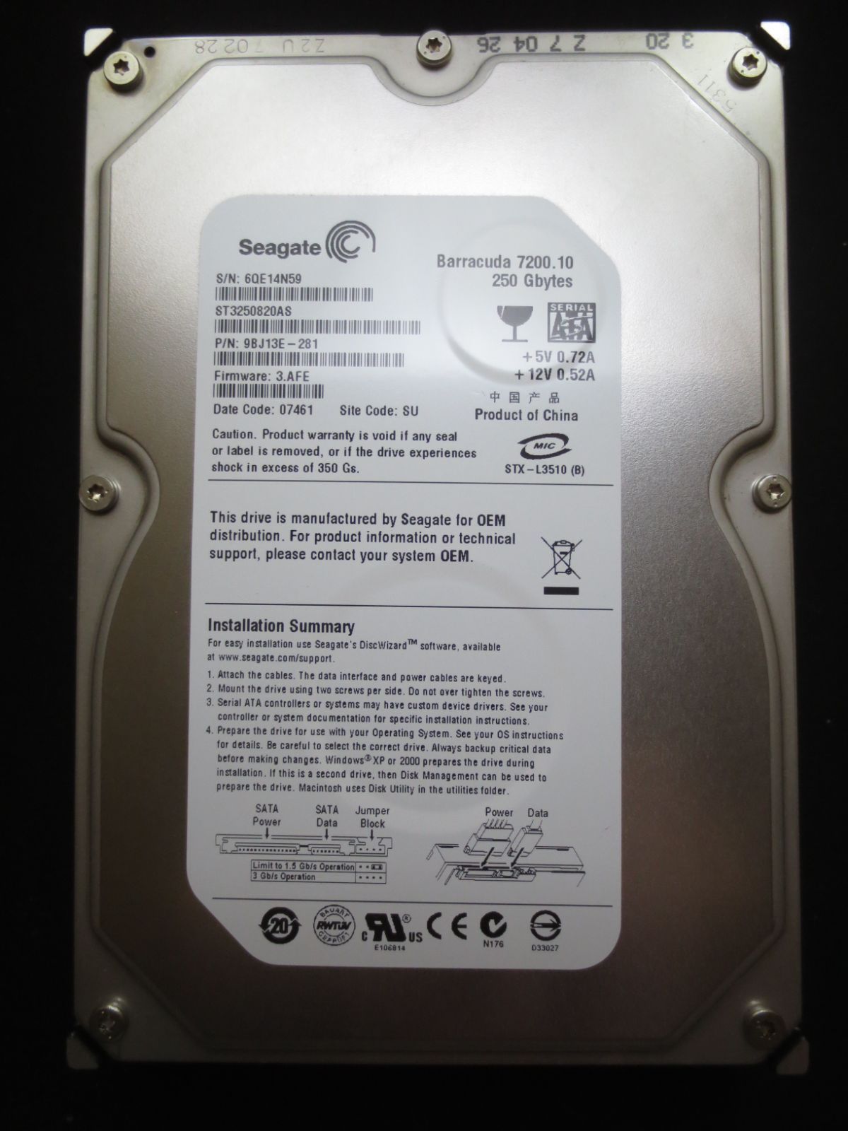 【ジャンク】Seagate 3.5インチHDD SATA(Serial ATA) 250GB ST3250820AS - PC-Works ...