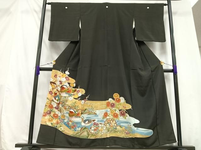 平和屋着物□豪華黒留袖 作家物 片輪車渡橋花鳥文 金彩