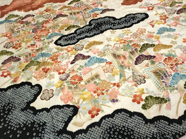 平和屋着物○紫綬褒章 巨匠『岩田専太郎』 振袖 駒刺繍 絞り 御所車花文