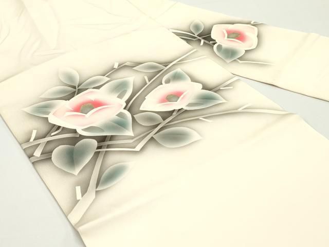 平和屋着物○塩瀬 九寸名古屋帯 手描き 枝椿文 薄卵色 金彩 正絹 逸品