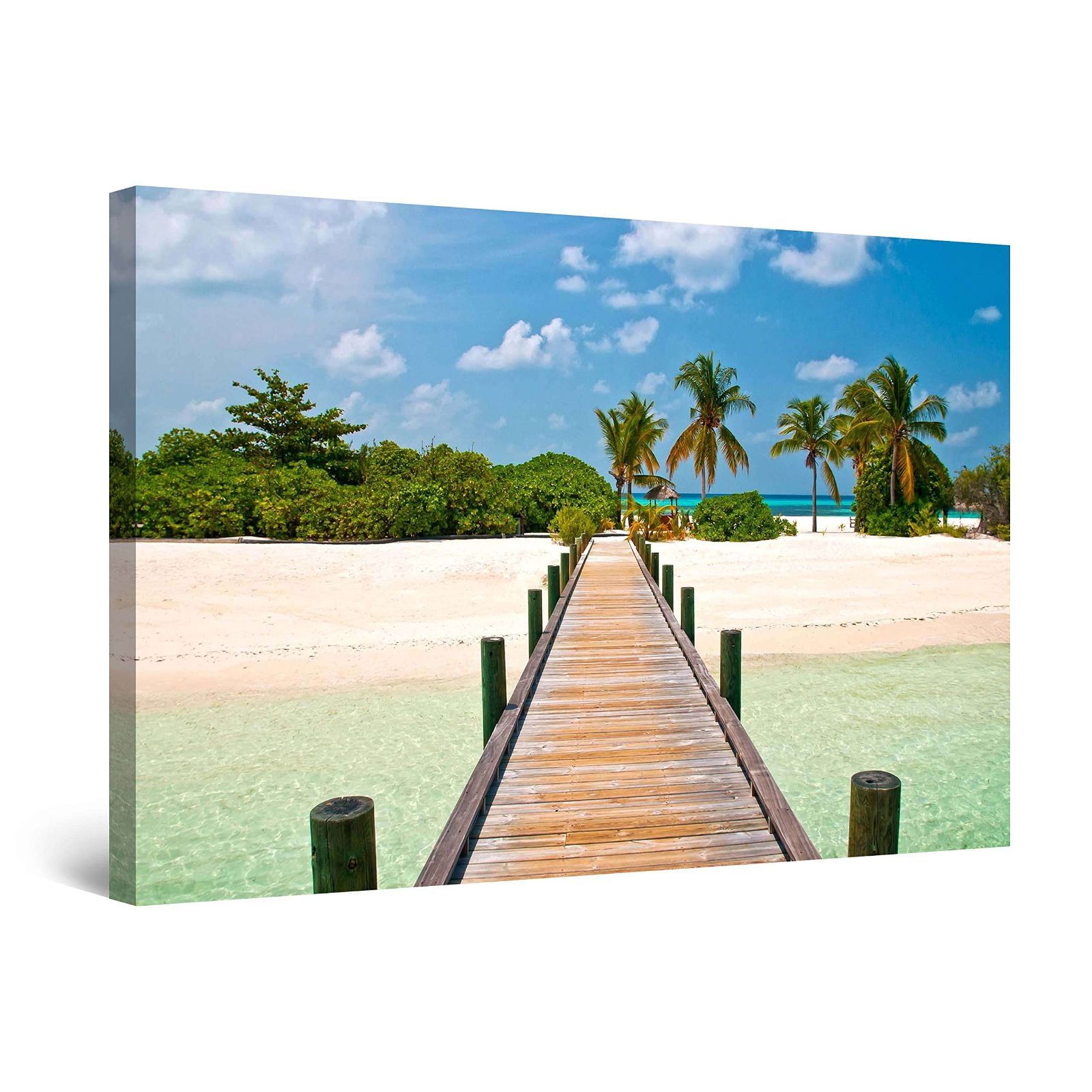 【人気商品】キャンバスウォールアート 絵画 Lerge フレーム入り リビングルーム用 80 ビーチへの橋、ビーチパームズクリアウォーター x ...