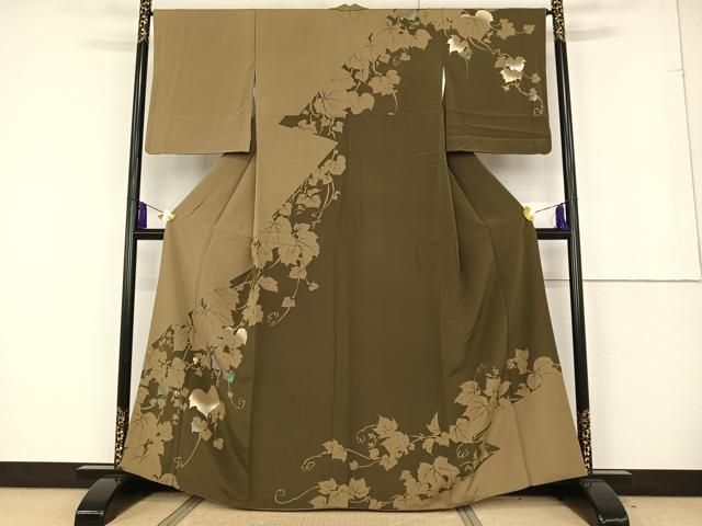 平和屋着物○訪問着 友禅 蔦の葉笹文 金彩 鬼しぼ縮緬 正絹 逸品