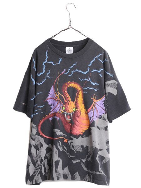 【お得なクーポン配布中 】 90s Usa製 ★ 不思議の国のアリス ジャバウォック オールオーバー プリント Tシャツ メンズ Xl